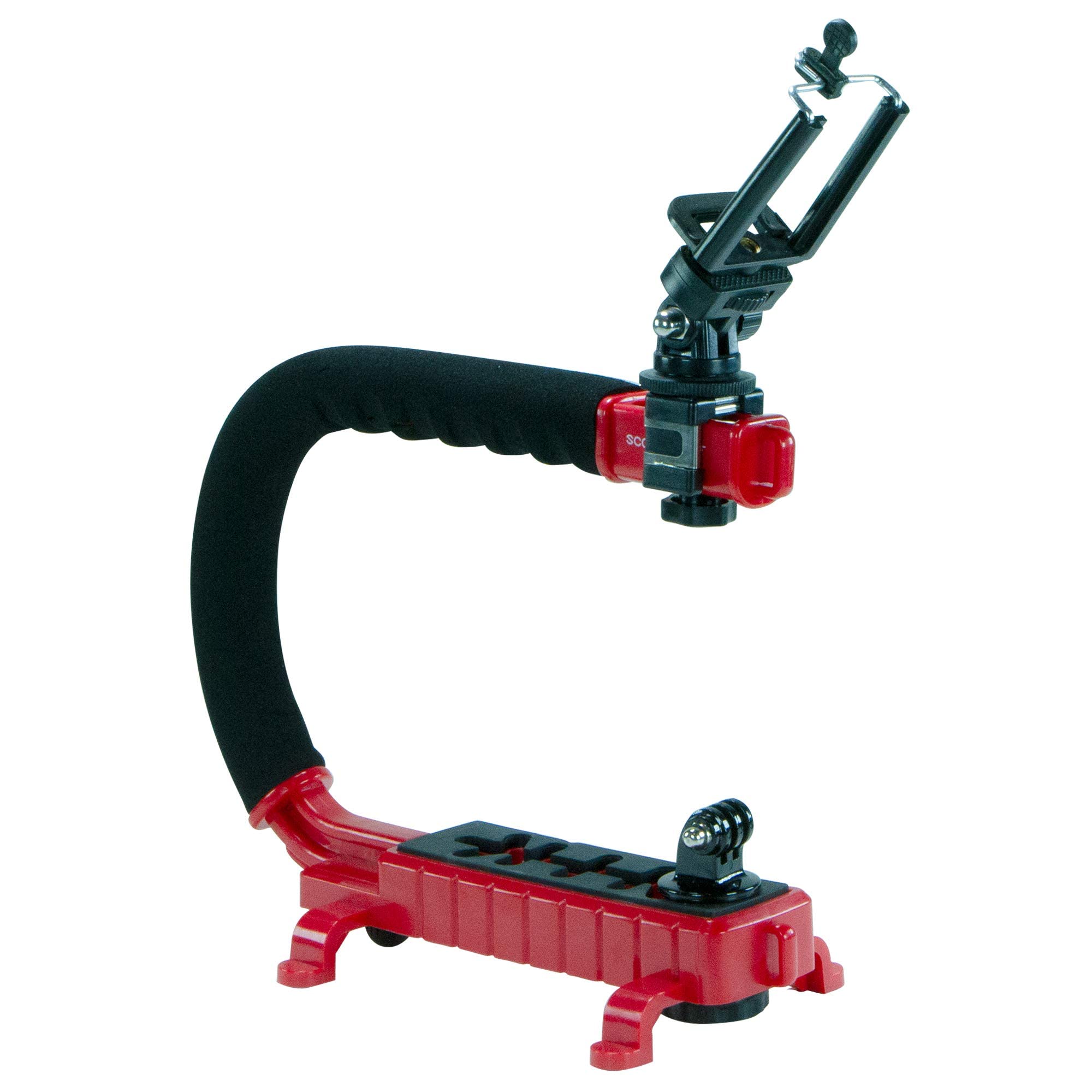 CAM CADDIE U-Grip Pro Handheld Video Rig Steadicam with Triple Cold Shoe, Stabilizing Handle Grip Compatible for iPhone 12 11 Pro Max Xs 8 7 plus GoPro Canon Nikon Sony DSLR Cameras Red Action Edition