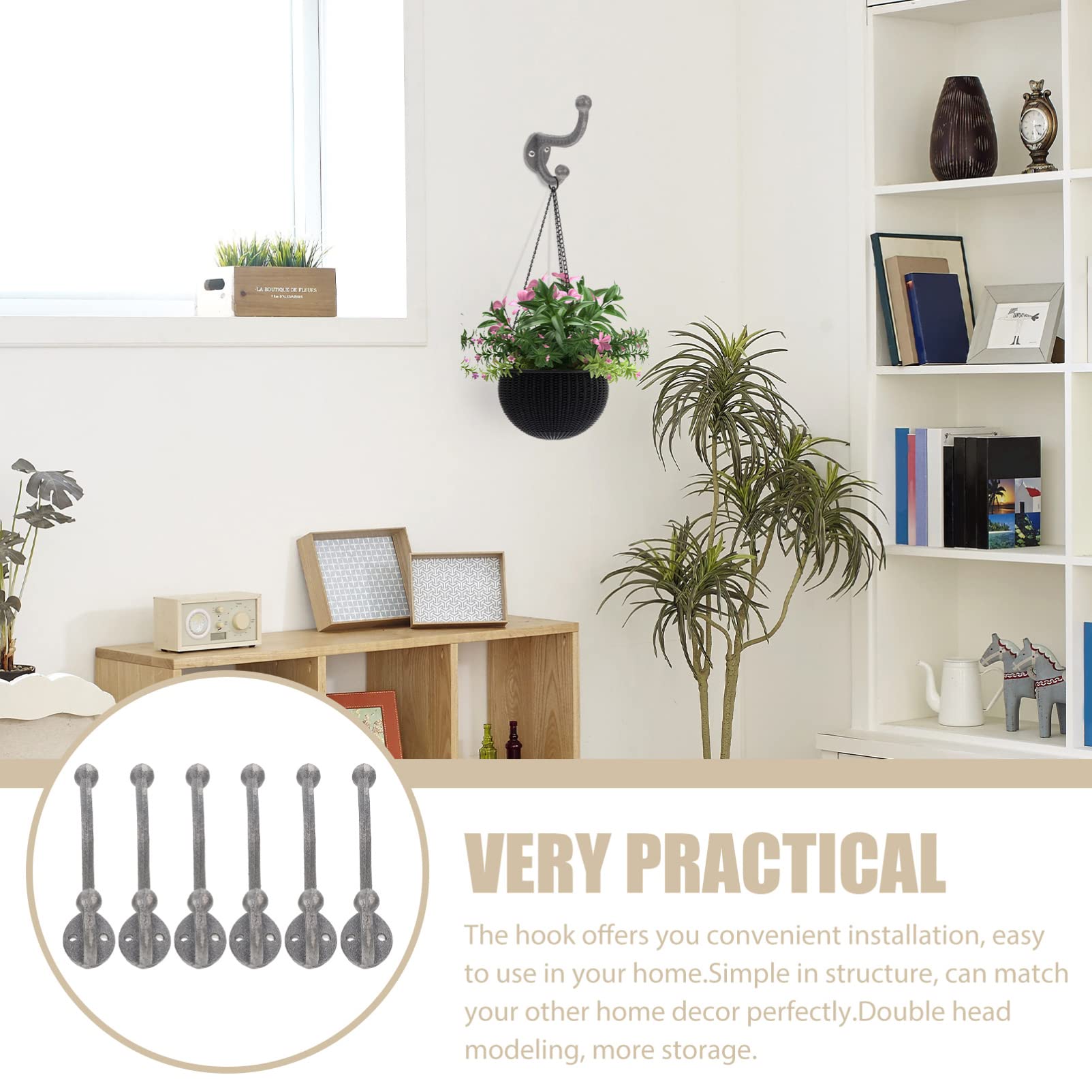 Cabilock 6pcs Double Cast Iron Hook Wall Hangers for Clothes Coat Hooks Retro Keychain Bathroom Hooks Spatula Storage Hook Office Hanger Hook Towel Hooks Wrought Iron Hat Rack