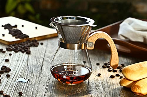 KATKAF Wooden Handle Pour Over Coffee Maker - with Double-layer Paper-free Stainless Steel Filter - Hand Coffee Dripper Brewer Pot - 13.5 Ounce/ 400 ml