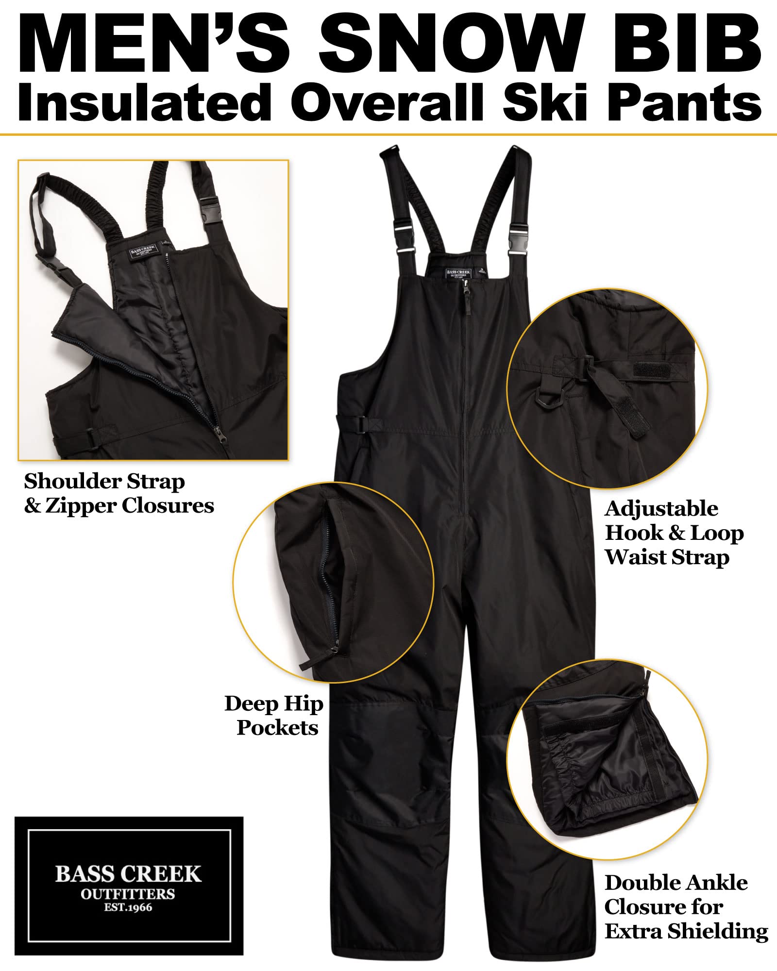 Bass Creek Outfitters Men's Snow Bib - Insulated Overall Ski Pants, Size X-Large, Black