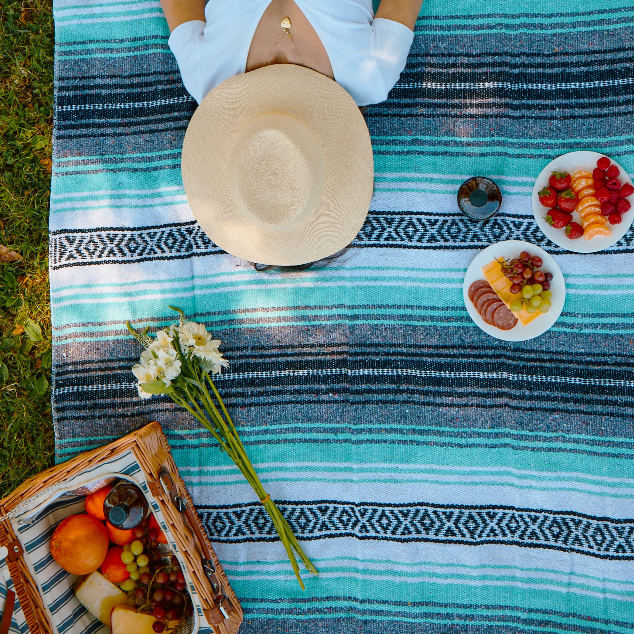 Benevolence LA Authentic Handwoven Mexican Blanket, Yoga Blanket - Perfect Outdoor Picnic Blanket, Camping Blanket, Equestrian Saddle Blanket, Serape Blanket 50x70 inches - Mint, Pack of 1