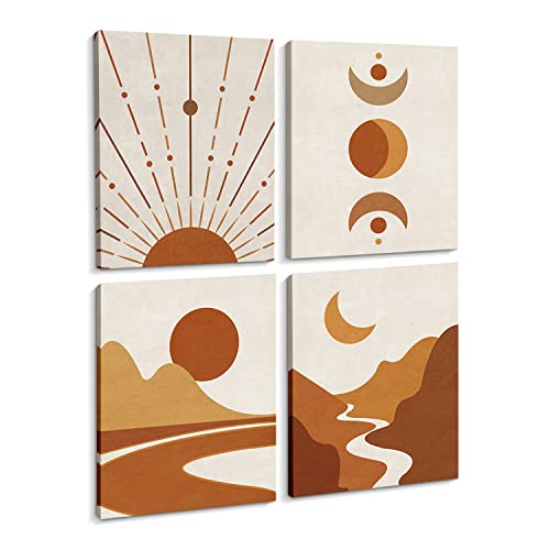 Creoate Boho Wall Art, 4 Pieces Mid Century Wall Art Sun Moon Boho Canvas Print Framed Set Artwork for Living Room Bedroom Wall Decor