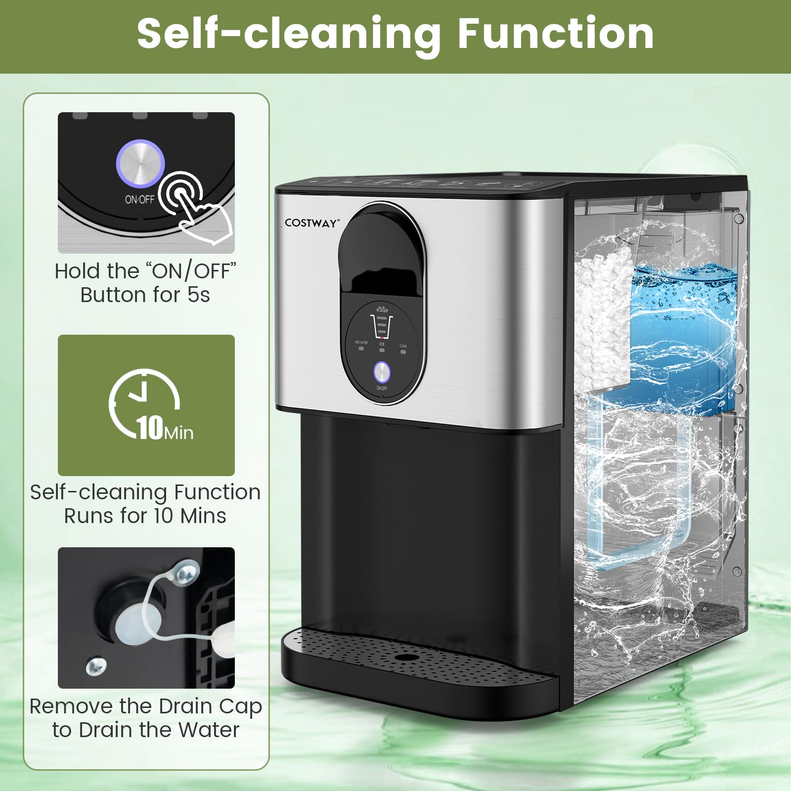 COSTWAY Self Dispensing Nugget Ice Maker Countertop, 56 Lbs/24H Soft Chewable Ice, Pebble Ice Maker with Self-Cleaning, One-Button Operation, Portable Stainless Steel Ice Maker for Home Office Party
