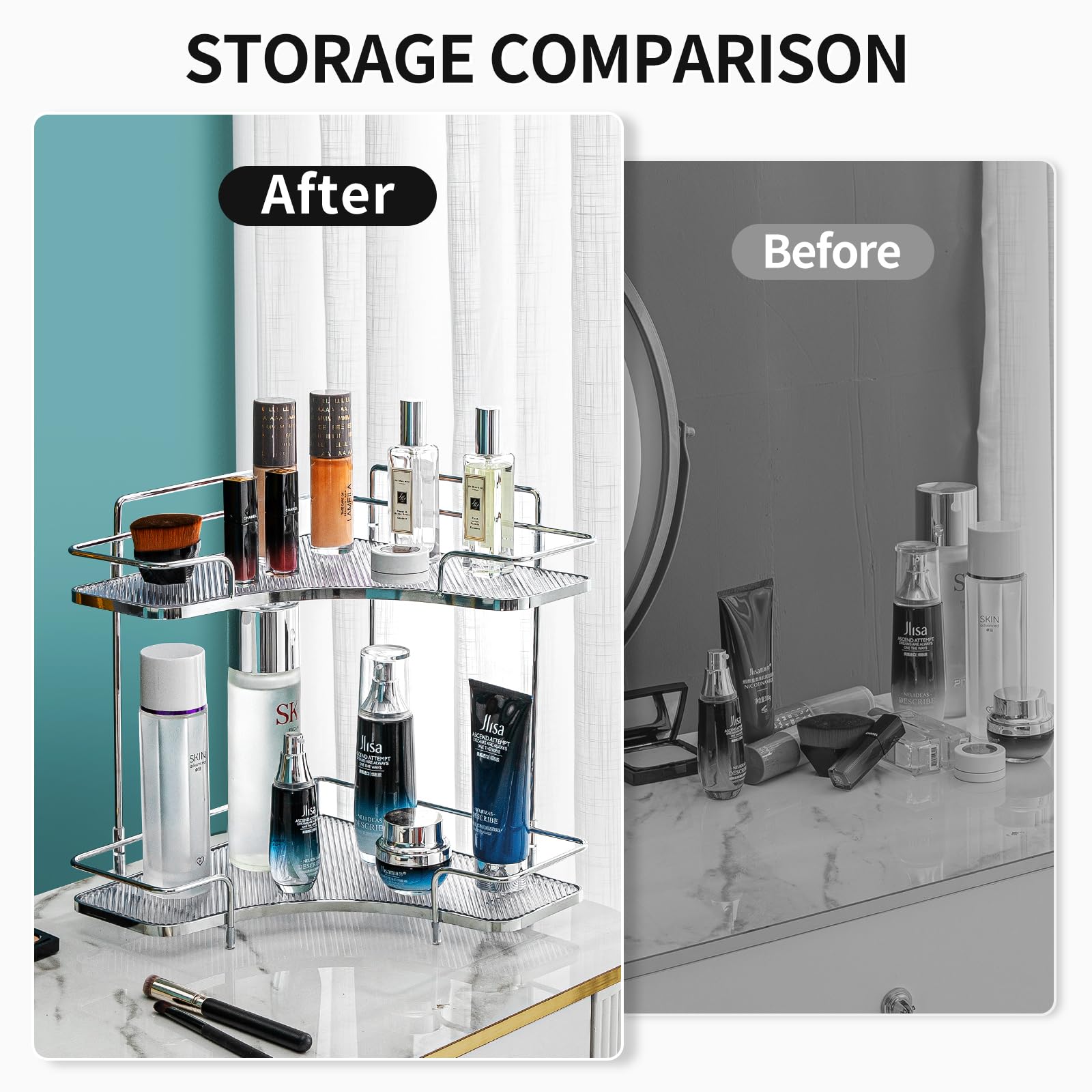 INVSSENE 2 Tiers Bathroom Organizer Countertop, Skincare Organizer, Makeup Organizer for Vanity, Cosmetic Storage Shelf, Perfume Display Tray - Plain Silver