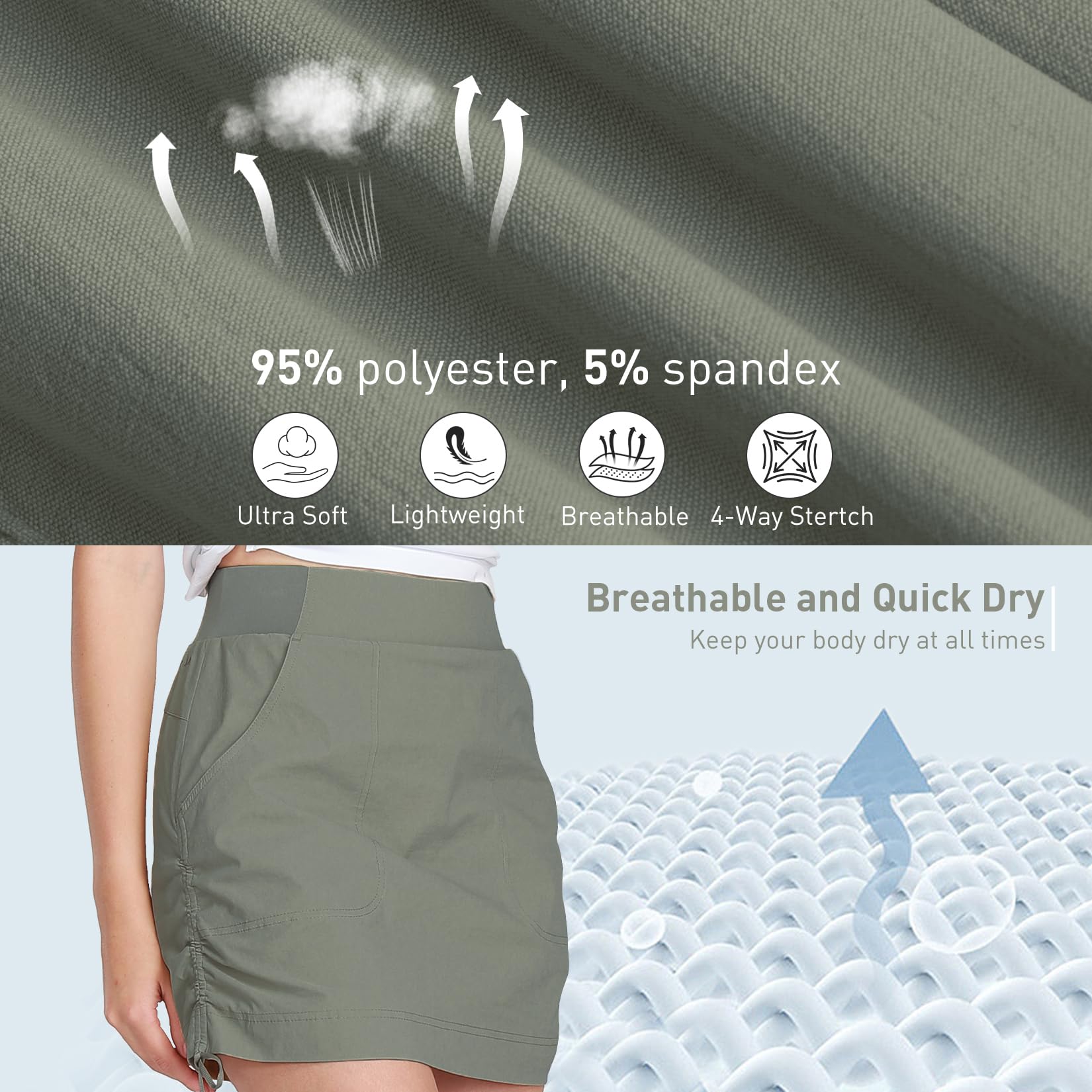 CAMEL CROWN Women's Casual Skorts Tennis Skirts Tummy Control UV Protection Quick Dry Golf Skirt with Pockets Active Light Green
