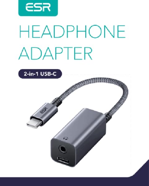 ESR USB C Headphone Adapter, 2-in-1 USB C to 3.5 mm Headphone Jack Adapter with PD Fast Charging, Portable Design, Compatible with Galaxy S22/S21/S20/Note20, iPad Air 5/Mini 6/Pro (2021/2020), Grey