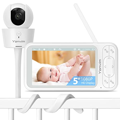 Yonvim Baby Monitor 5" 1080P HD Video Baby Monitor with Camera and Audio 5000mAh Battery Night Vision No WiFi 2-Way Talk 1000ft Long Range Remote Pan Tilt 4X Zoom with 2 Mounts
