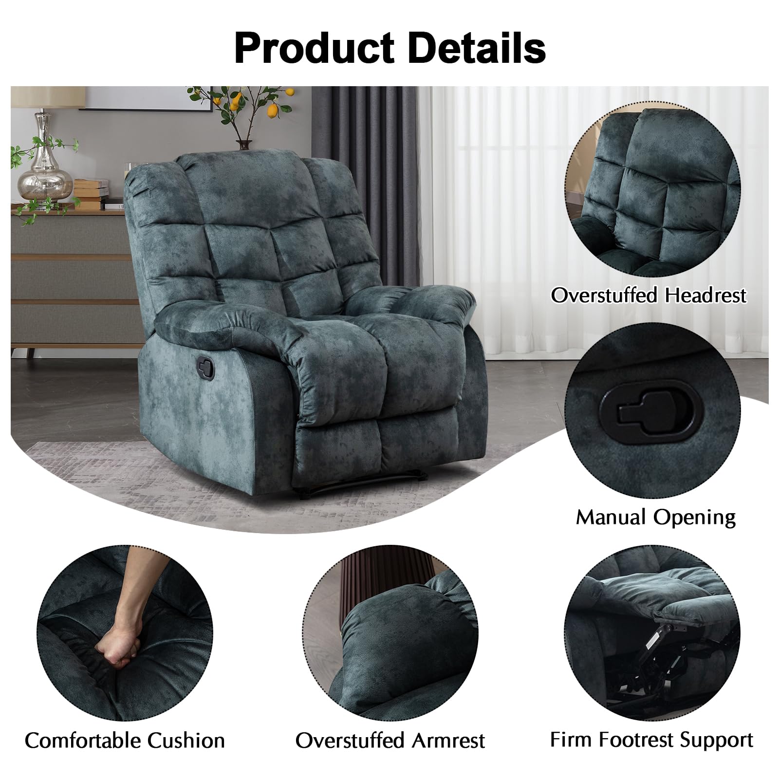 CANMOV Manual Reclining Sofa, 3 Seat Recliner Sofa with Armrest and Overstuffed Backrest, Couch Set for Living Room, Bedroom, Office, Grey