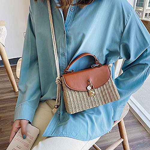 Meyaus Women Mini Lock Decoration Straw Woven Cross-body Shoulder Bag PU Leather Flap Top-handle Bag Handbag