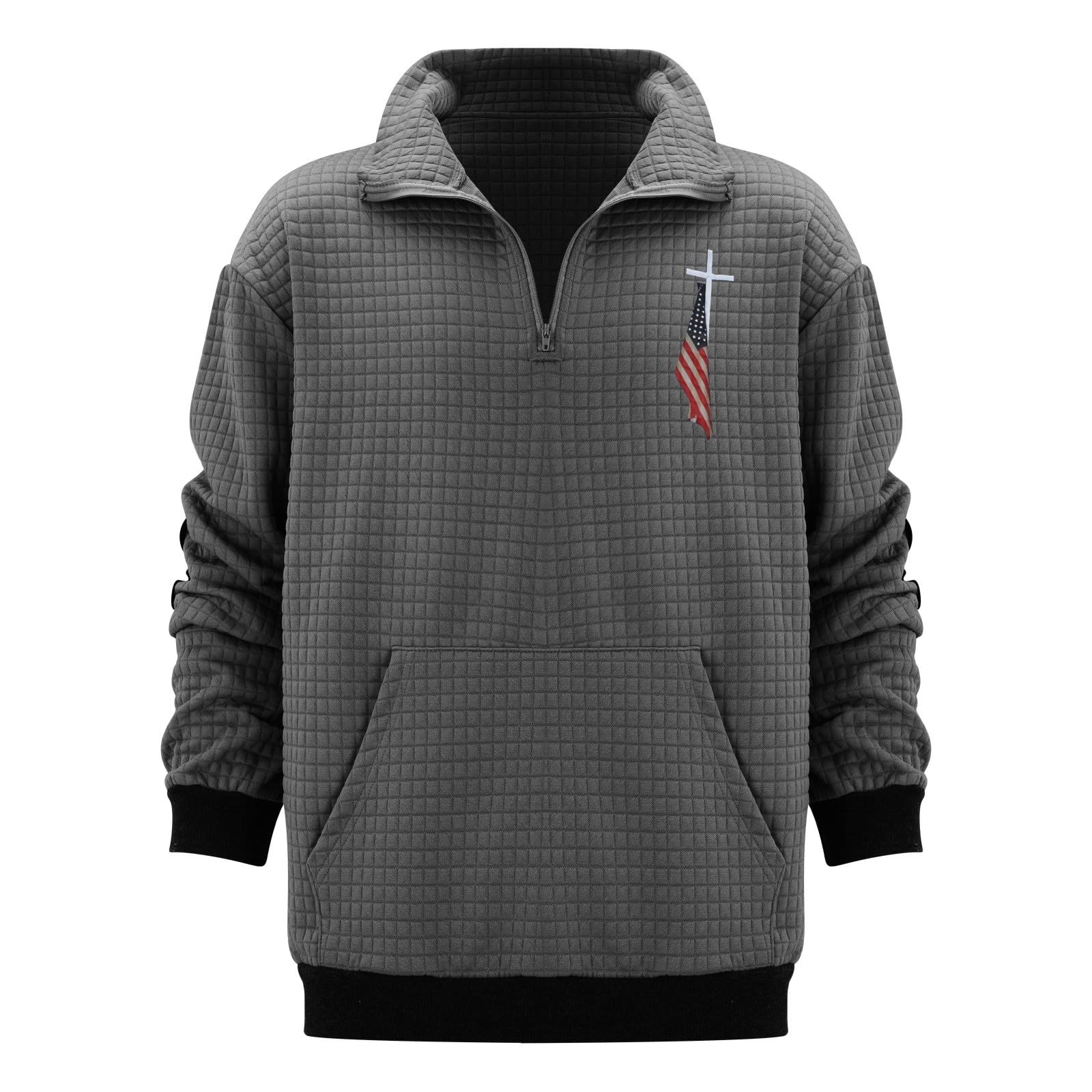 BAJAC Men's Quarter Zipper Waffle Sweatshirt USA Flag Printed Vintage Distressed Long Sleeve Lapel Pullover Fall Winter Top(Grey,3X-Large)