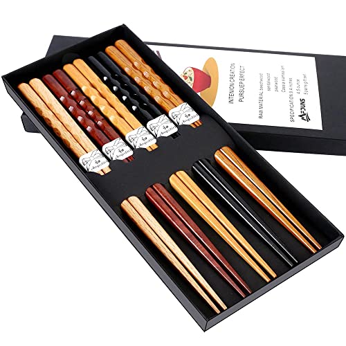 MFJUNS 5-Pairs Reusable Set of Chopsticks, Natural Wood Chopstick and Minimalism Japanese Chopsticks Non-slip Design 8.8 Inch/22.5cm Gift Set