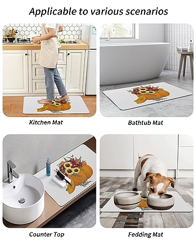 KITHOME Bath Mat for Bathroom Non Slip Thanksgiving Pumpkin Sunflowers Diatomaceous Earth Bath Mats Highly Absorbent Door Mat Diatom Mud Washable Bathroom Mat for Tub Shower 16x24 Inch
