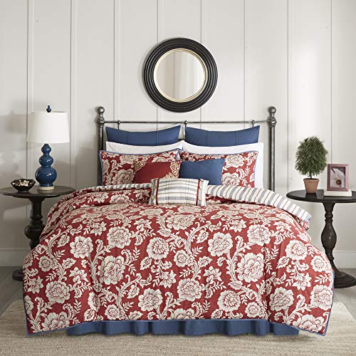 Madison Park Cotton Comforter Set - Modern Cottage Design All Season Down Alternative Reversible Bedding, Matching Shams, Bedskirt, Decorative Pillows, King (104 in x 92 in) Red 9 Piece