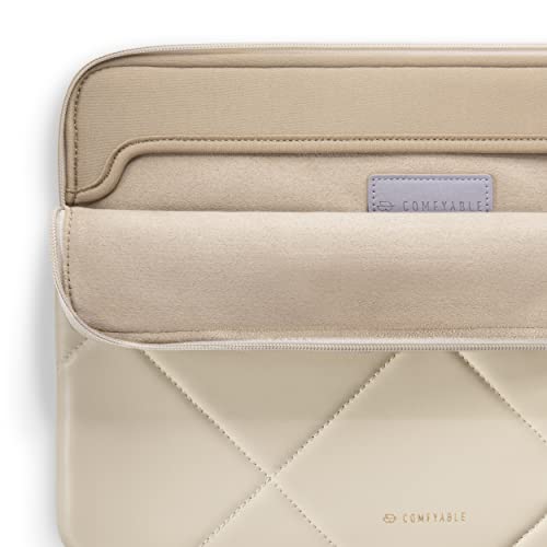 Comfyable Slim Cute Laptop Sleeve 13 Inch 14 Inch Compatible for MacBook Air M2 M1, MacBook Pro 13-14 Inch M2 M1 2023-2020, Quilted Faux Leather Laptop Computer Carrying Mac Case for Women, Beige