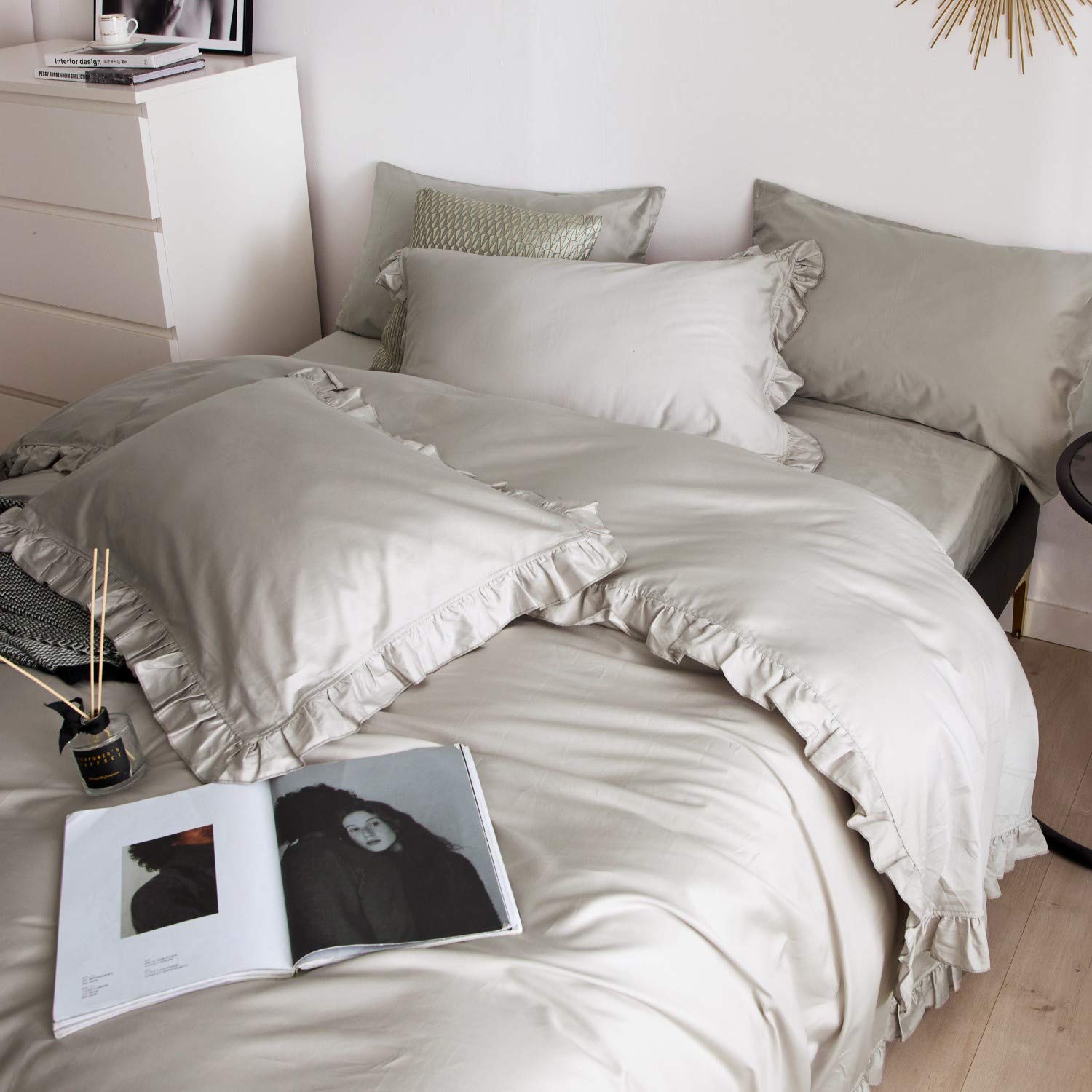 Dolce Mela Queen Size, Luscious 6 Piece Duvet Cover Set with Beautiful Ruffle Edge, 100% Long Staple Combed Cotton, Hypoallergenic, All-Season, Grey, DM809Q