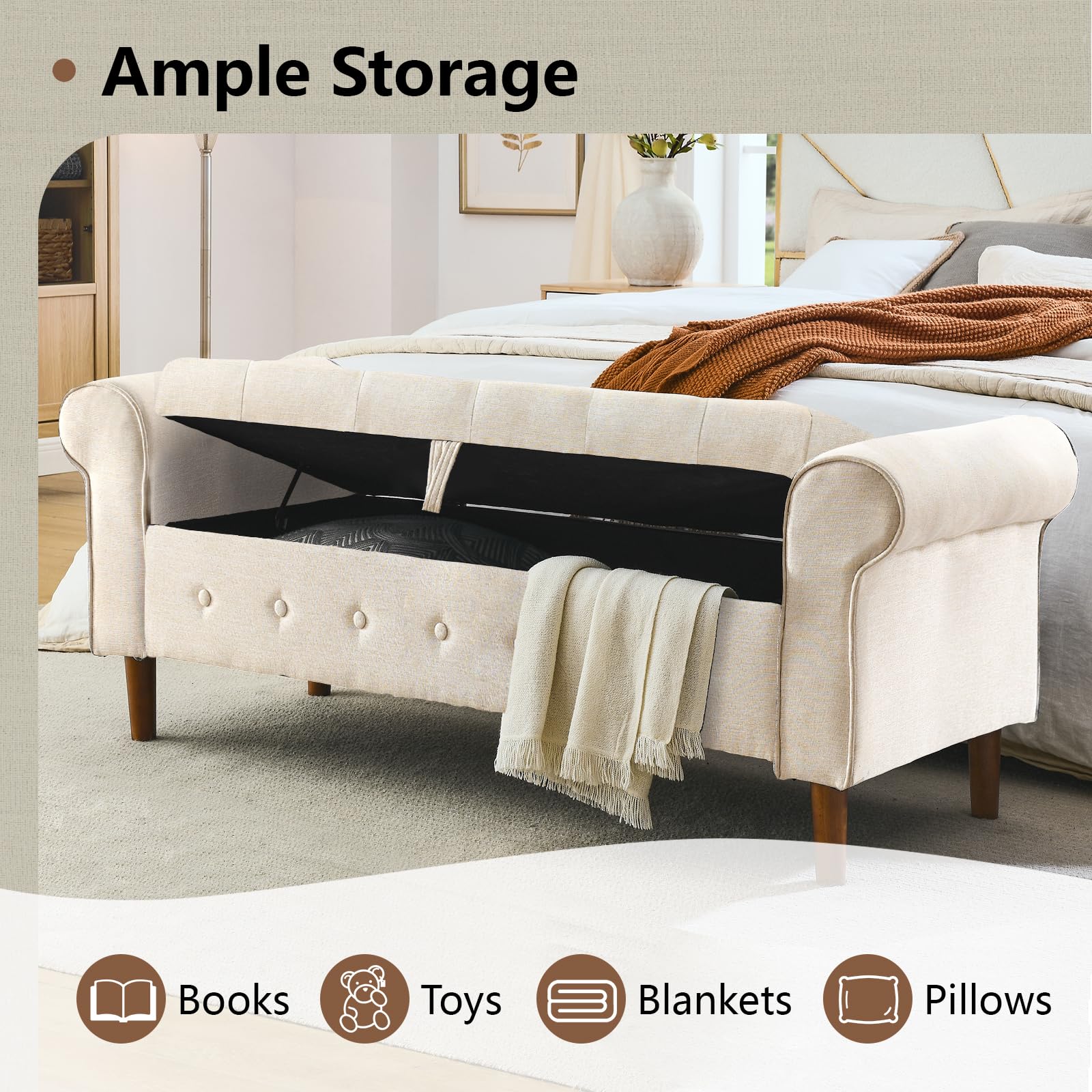 BAOMKONG Storage Ottoman Bench, 62" Comfy Upholstered End of Bed Bench with Rolled Armrest Button Tufted Storage Bench for Entryway Living Room Bedroom, Blue