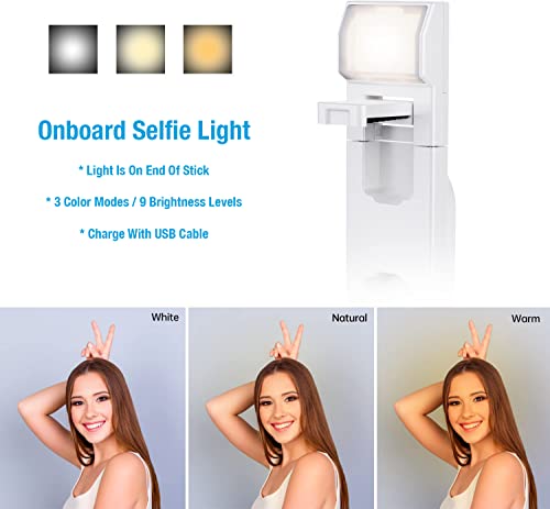 Fugetek 40'' Quadrapod Lighted Selfie Stick Stand, Lightweight 7oz, Wireless Bluetooth Remote, Patented Ultra Stable 4 Legs, 3 Onboard Light Modes, Compatible with iPhone & Android (White)