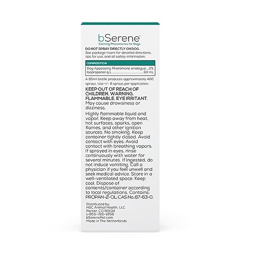 bSerene Pheromone Calming Spray for Dogs Helps Reduce Excessive Barking, Destruction, Stress, and Fear Great for Vet Visits, Boarding, and Targeted Calming, 60mL