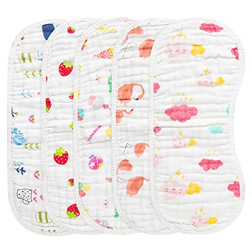 GROBRO7 5Pcs Burp Cloths Baby Bibs Muslin Burping Bid for Babies with Strawberry Flamingo Cotton Large Towels in 6 Layers Extra Absorbent Soft Machine Washable Nursery Newborn Gift 7x18.5inch