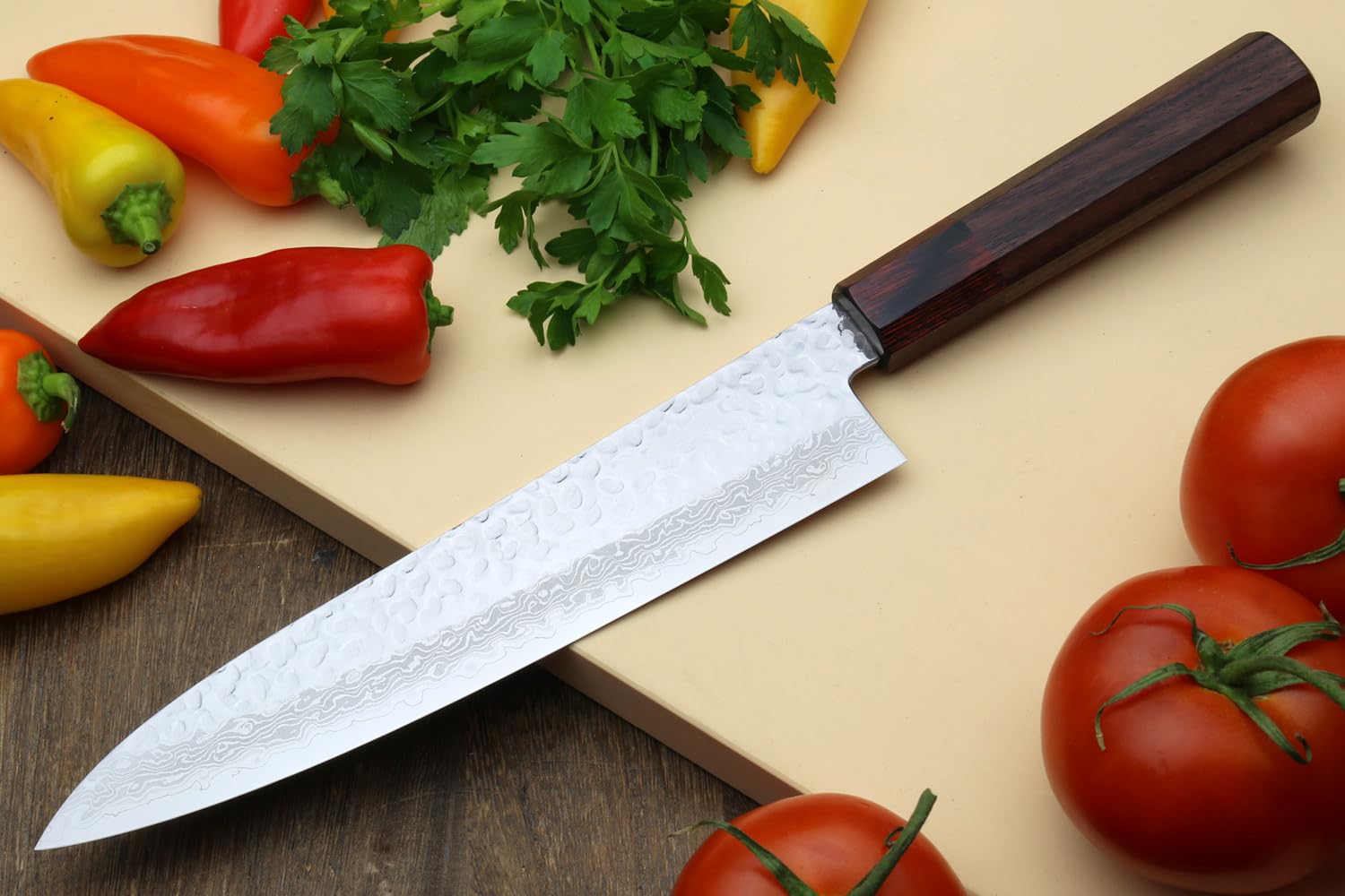 Yoshihiro VG10 46 Layers Hammered Damascus Gyuto Japanese Chefs Knife (Octagonal Shitan Rosewood Handle) (9.5" (240mm)