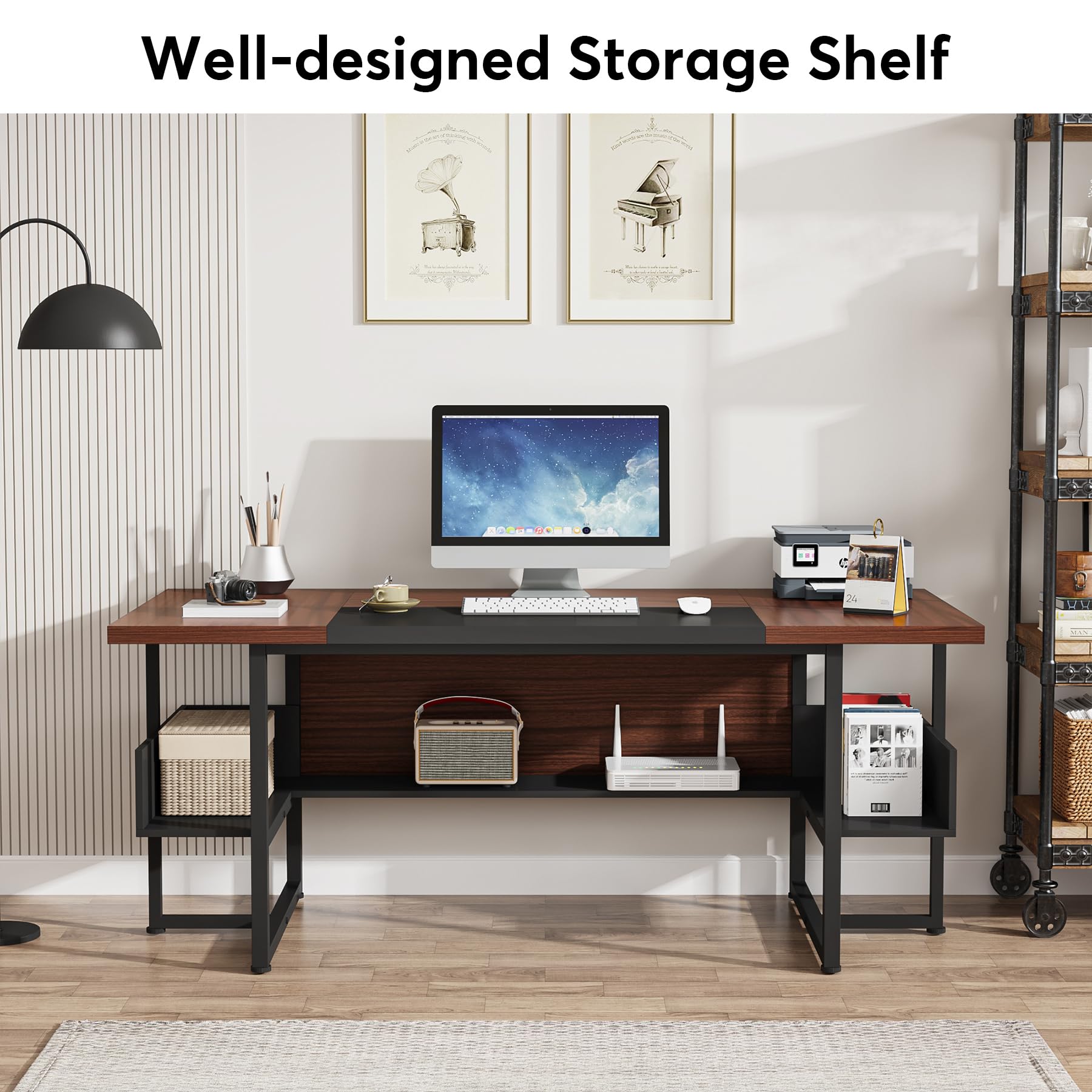Tribesigns 62 Inch Big Computer Desk with Storage Shelves, Modern Executive Desk Workstation for Home Office Furniture, Walnut & Black