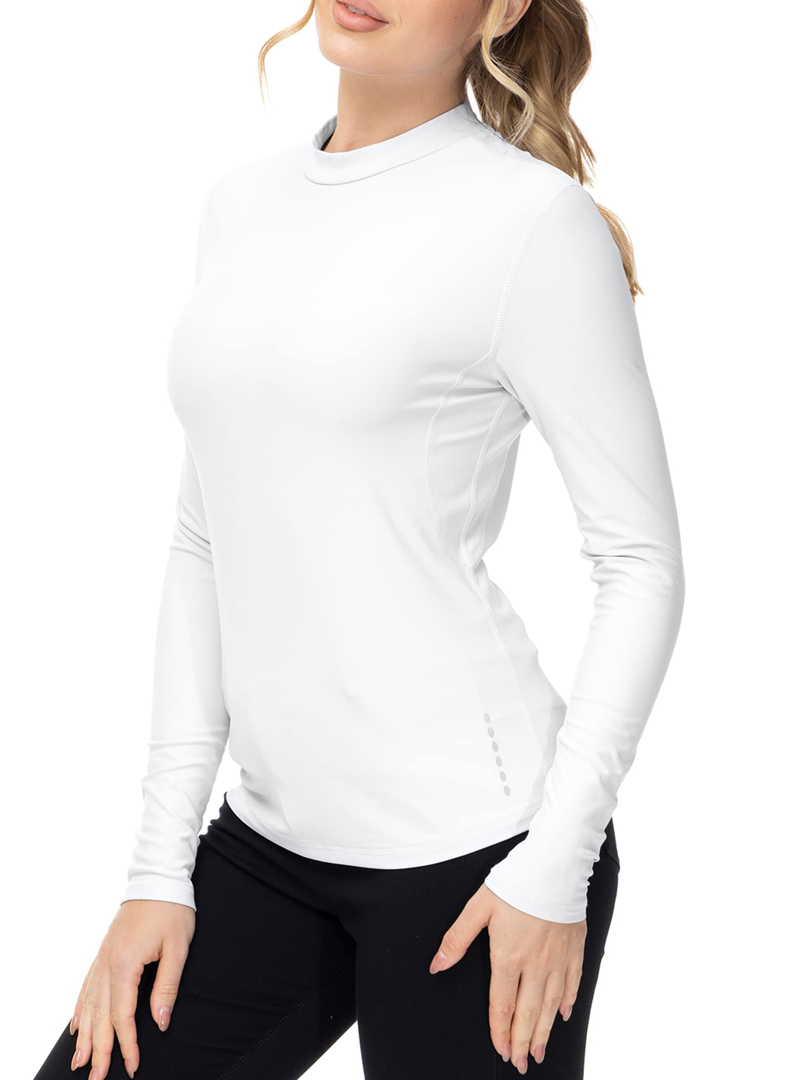 BASUDAM Women's Long Sleeve Workout Tops Compression Shirts Slim Fit Brushed Lining Stretch Mock Neck Athletic Running White L