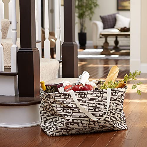 Household Essentials Canvas Utility Tote with Handles, Rectangular Krush Tote, Water-Resistant Vinyl Lining, Large Capacity, Durable and Versatile, Tan Geometric Pattern