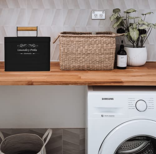 ELITAPRO Laundry Pods container Modern Farmhouse Laundry Pods Holder Metal Box Dispenser with Lid Laundry Room Decor and Accessories