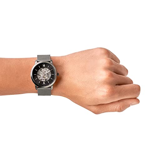 Fossil Men's Neutra Automatic Stainless Steel Mesh Three-Hand Skeleton Watch, Color: Smoke (Model: ME3185)
