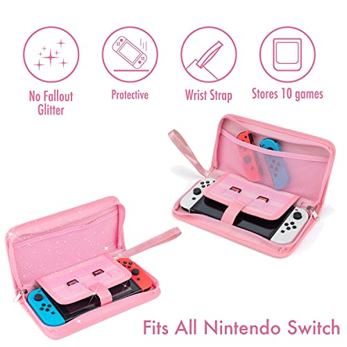 BelugaDesign Glitter Switch Case | Carrying Bag Travel Purse Zipper Clutch Handbag | Game Card Holder | Compatible with Nintendo Switch Standard Lite OLED (Pink)