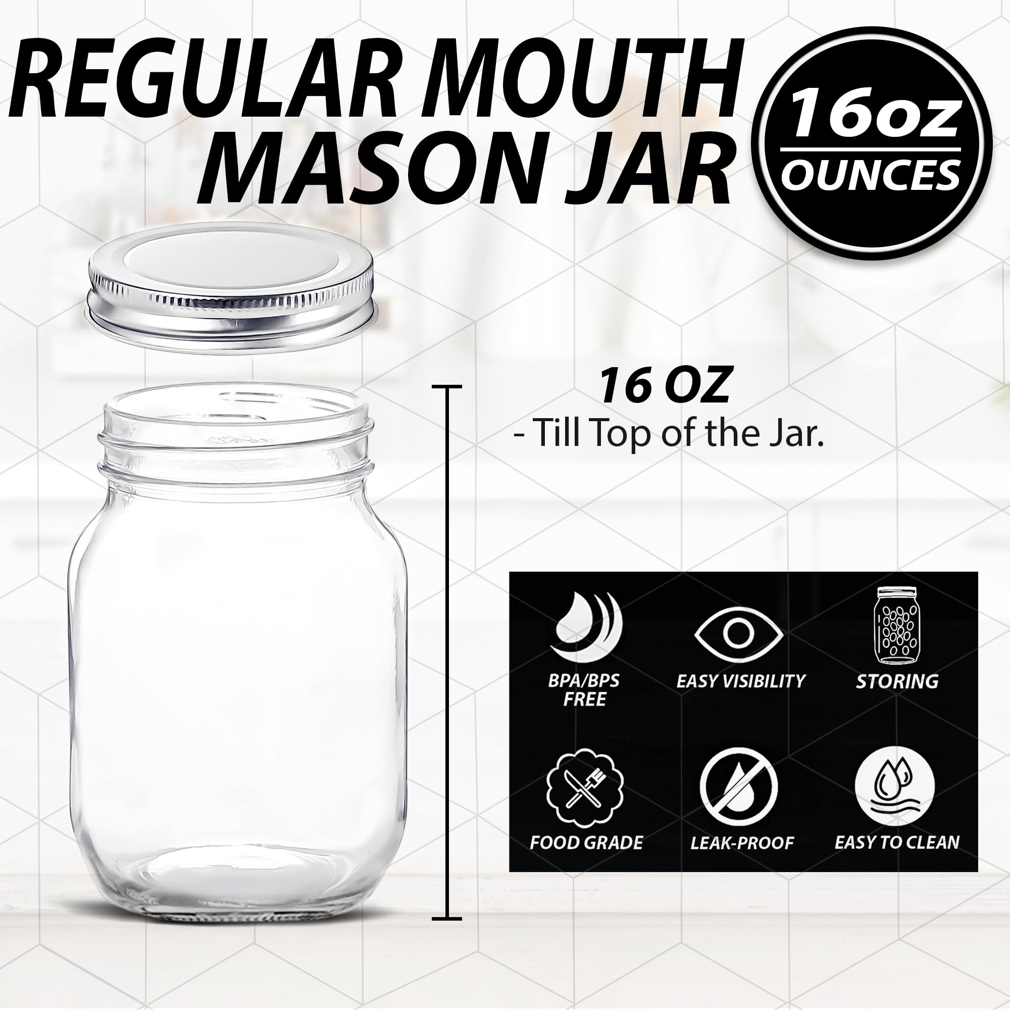 Glass Regular Mouth Mason Jars, 16 oz Clear Glass Jars with Silver Metal Lids for Sealing, Canning Jars for Food Storage, Overnight Oats, Dry Food, Snacks, Candies, DIY Projects (4 PACK)