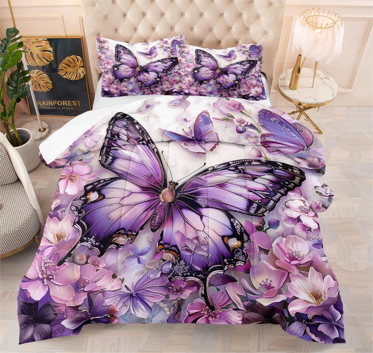 CCoutueChen Purple Butterfly Comforter Set Queen Size Chic Flower Butterfly Bedding Sets Botanical Plants Comforter Quilt Boho Animal Bed Set 3Pcs Soft Fluffy Comforter for Girls Women Adult Room