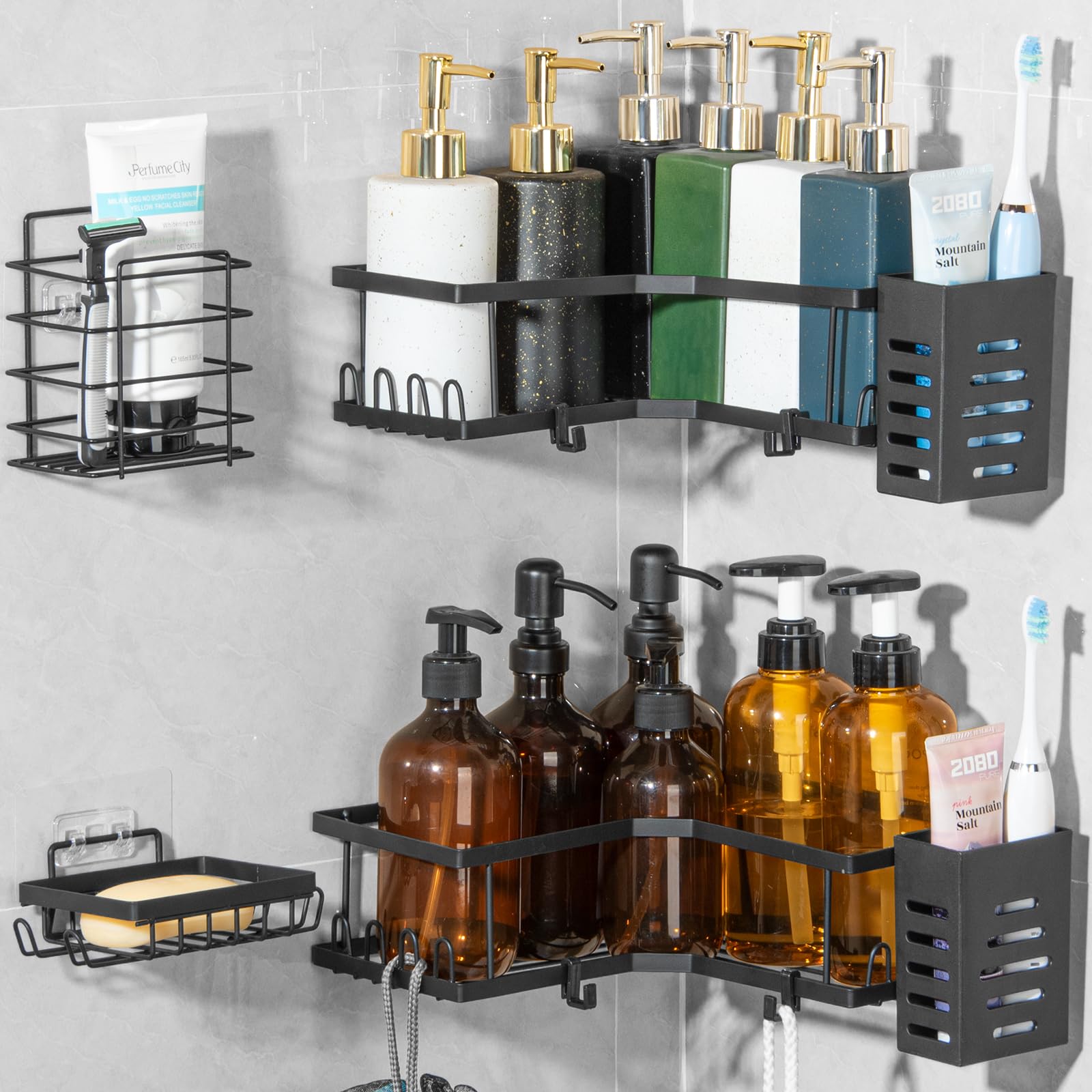 BukSuk Corner Shower Caddy, 4-Pack Adhesive Shower Caddy, Shower Organizer with Toothpaste Holder, Rustproof Stainless Steel Shower Storage Rack with Hooks, No Drilling Bathroom Organizer, Black