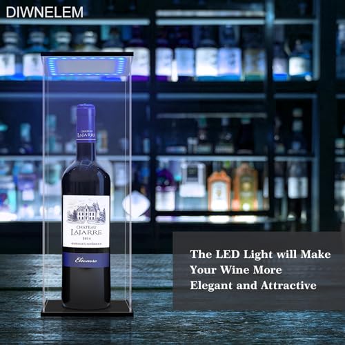 DIWNELEM Acrylic Wine Bottle Display Case with LED Light Display Stand Wine Display Case Protector Dustproof for Red Wine,Champagne,Liquor,Whiskey,Beer,Beverage Bottle (5 * 5 * 14.2")