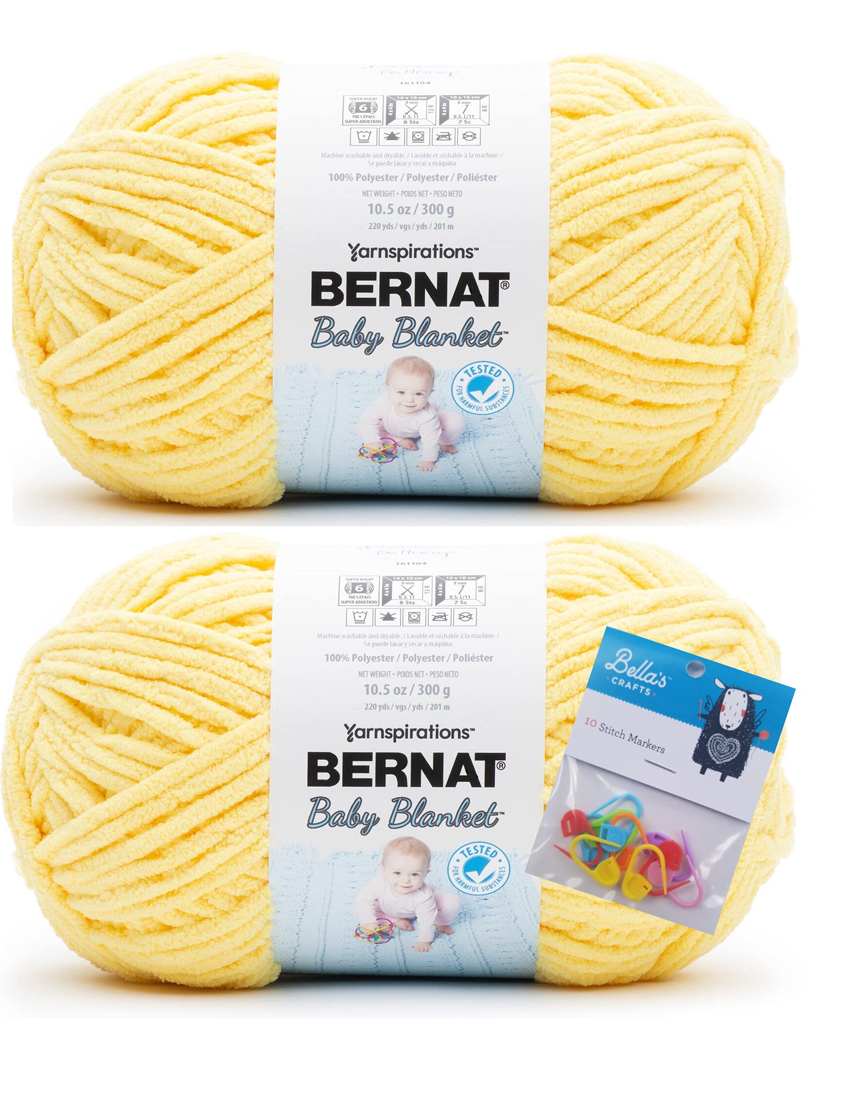 Bernat Baby Blanket Yarn - Big Ball (10.5 Oz) - Buttercup - 2-Pack Bundle with Bella's Crafts Stitch Markers