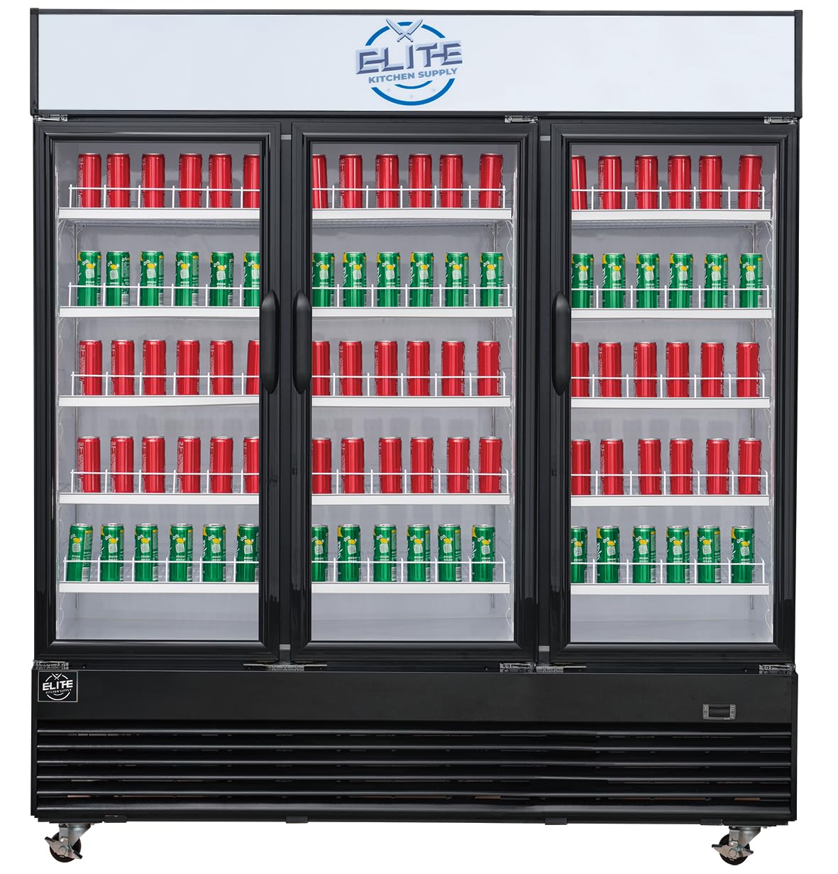 Elite Kitchen Supply Commercial Display Merchandiser Refrigerator, ETL NSF Fridge Cooler with 3 Glass Doors in Black, 3 Section Upright Reach-in, 78" W 69.43 cu. ft. Fan Cooling