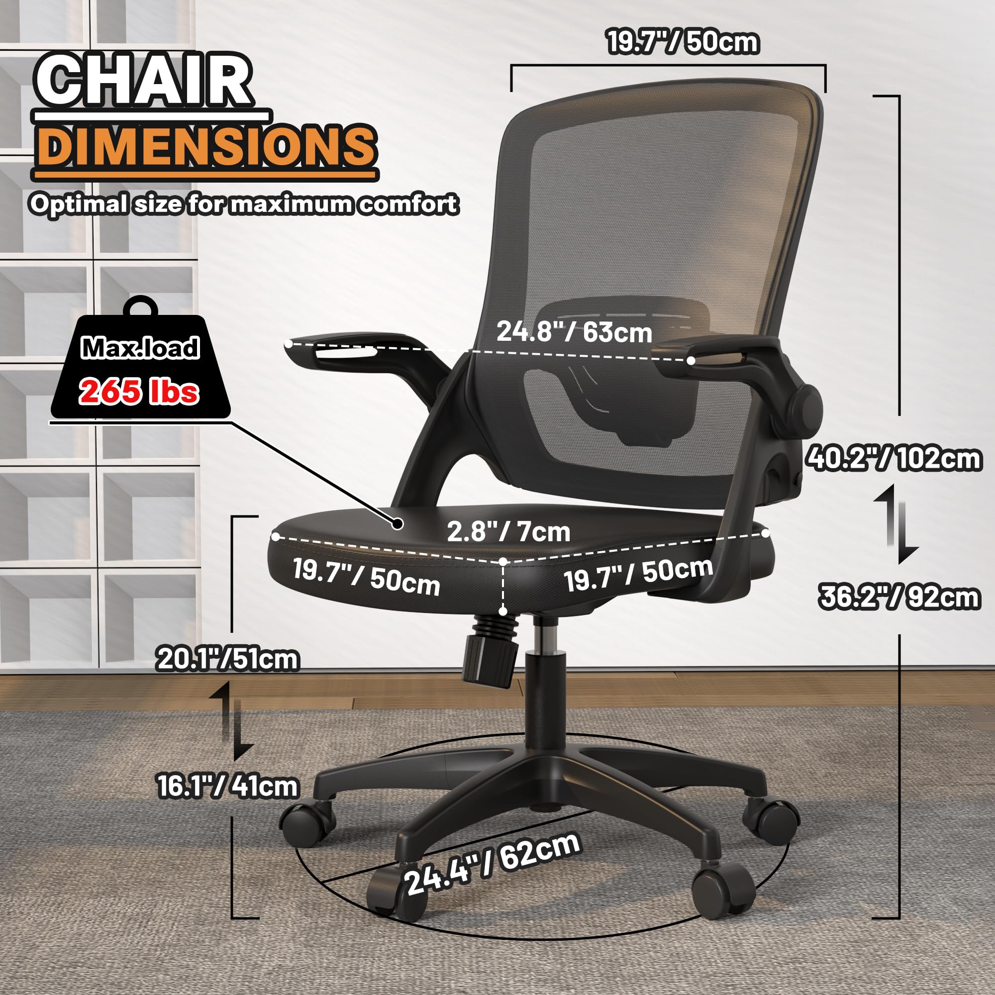 iCoudy Ergonomic Mesh Office Chair Comfy Swivel Home Computer Desk Chair with Flip Up Arms Comfortable Black Modern Computer Chair with Wheels Office Desk Chair with Adjustable Lumbar Support
