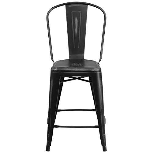 Flash Furniture Carly Commercial Grade 24" High Distressed Black Metal Indoor-Outdoor Counter Height Stool with Back