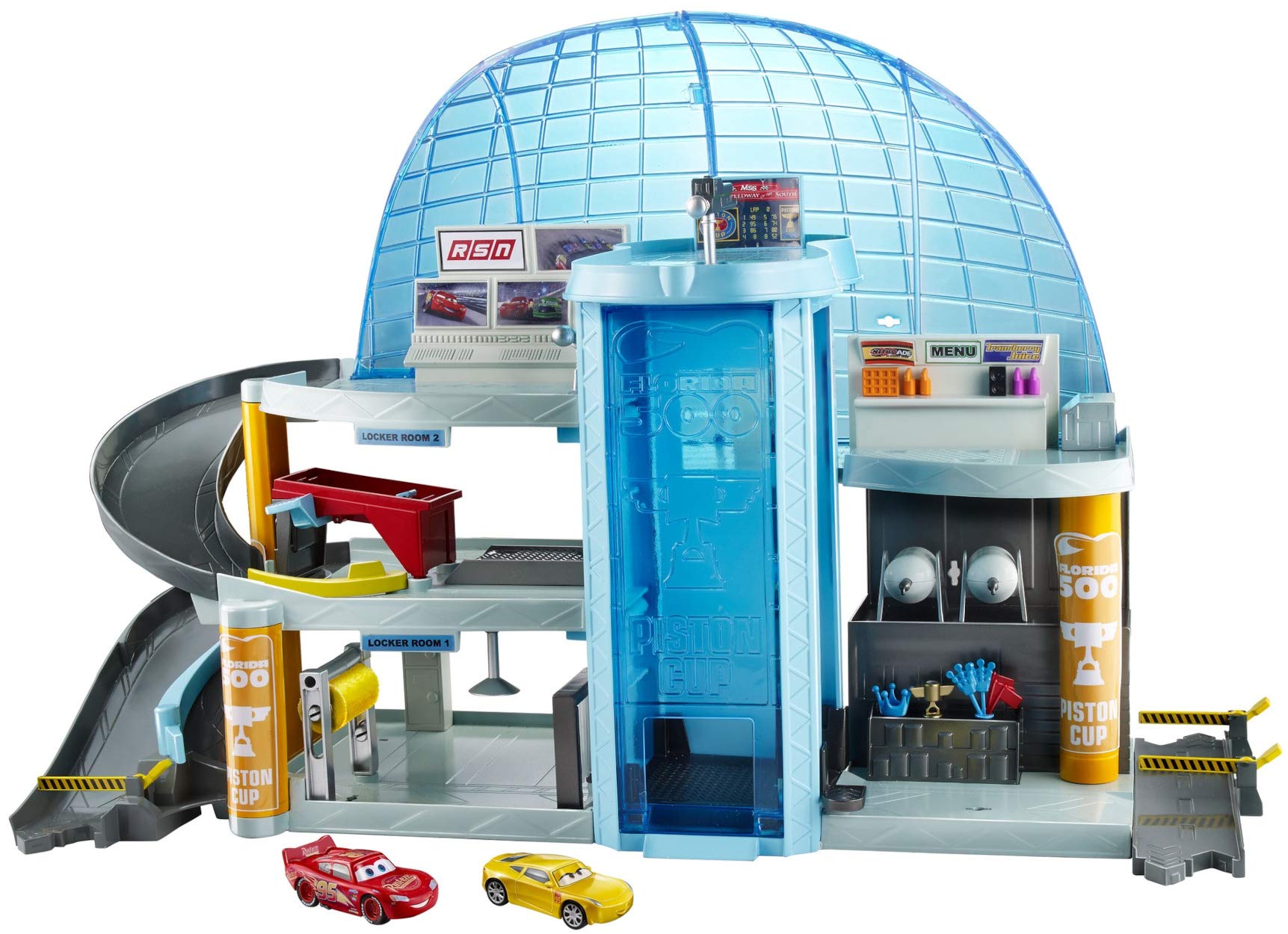 Mattel Disney and Pixar Cars Garage Playset with Lightning McQueen & Cruz Ramirez Toy Cars, Florida Speedway Mega 3-Level Garage