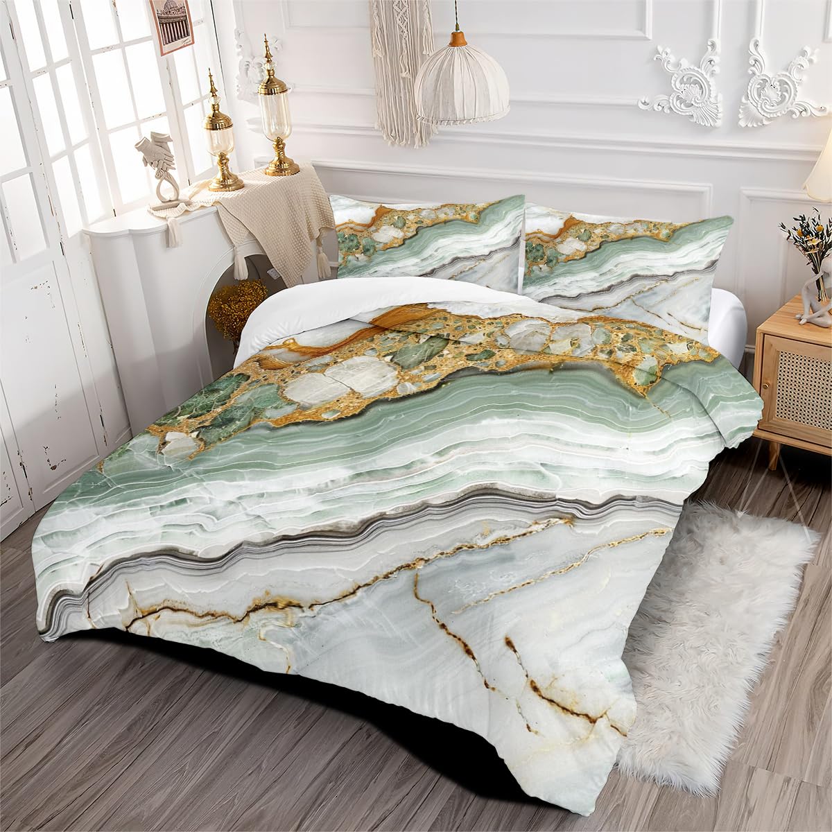 CCoutueChen Sage Green Marble Duvet Cover Queen Size Gold Foil Print Comforter Bedding Set Green White Marble Duvet Covers Set Modern Abstract Comforter Cover with 2 Pillowcases(Girls Women Adult)