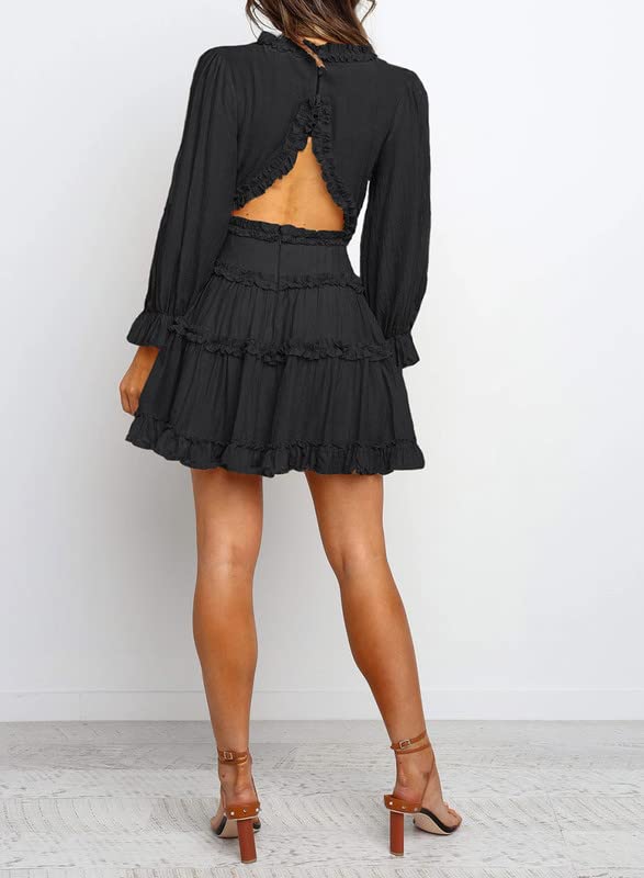 Dokotoo Womens Cute Spring Summer Casual Sexy Deep V Neck Ruffle Chiffon Lantern Long Sleeve Elegant Boho Hawaiian Flowy Mini Short Skirt Dresses for Women Party 2023 Black Small