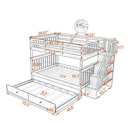 Full Over Full Bunk Bed with Trundle, Wood Full Bunk Bed with Storage Shelves, Full Over Full Bunk Bed Frame with Guardrails and Stairs for Kids Teens Adults, Can be Convertible into 2 Beds, White