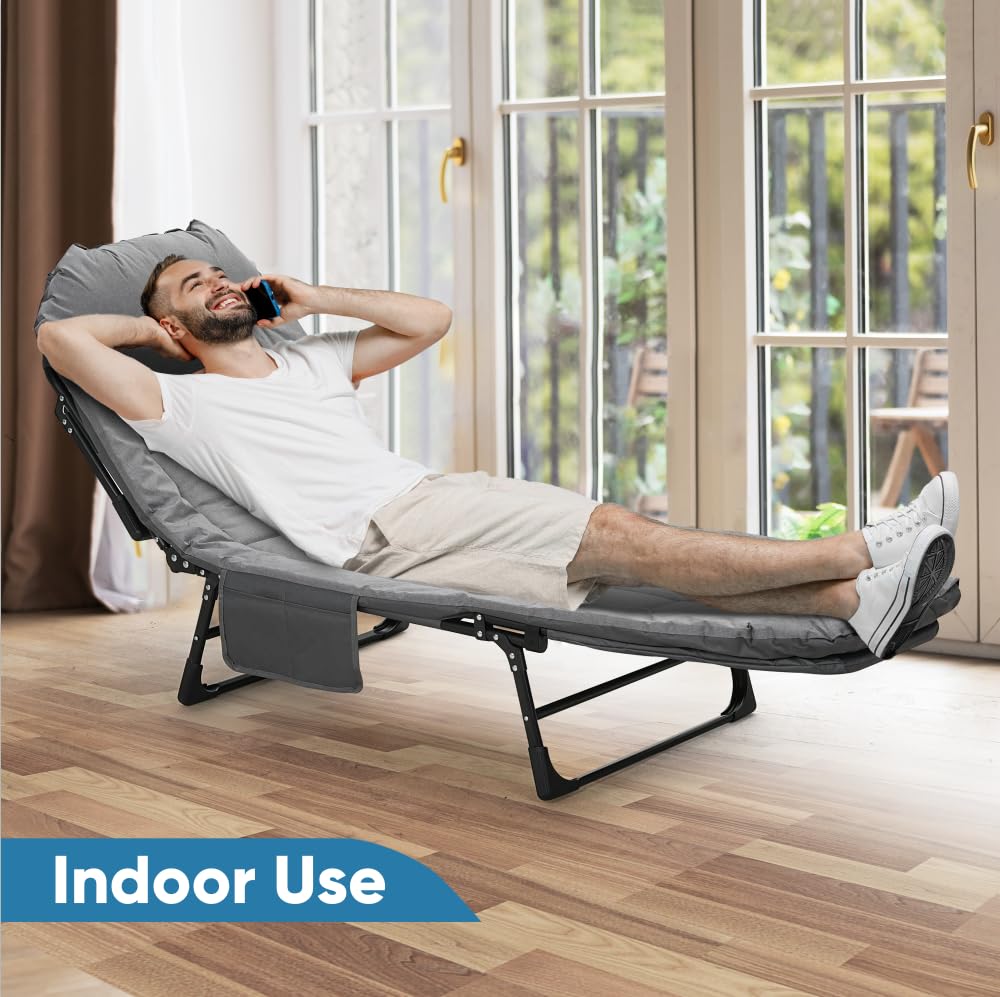 STARBRILLIANT Adjustable Folding Chaise Lounge Chair with Mattress, Folding Portable Sleeping Adults Cots Perfect for Sunbathing, Camping, Pool, Beach, Patio (Grey)