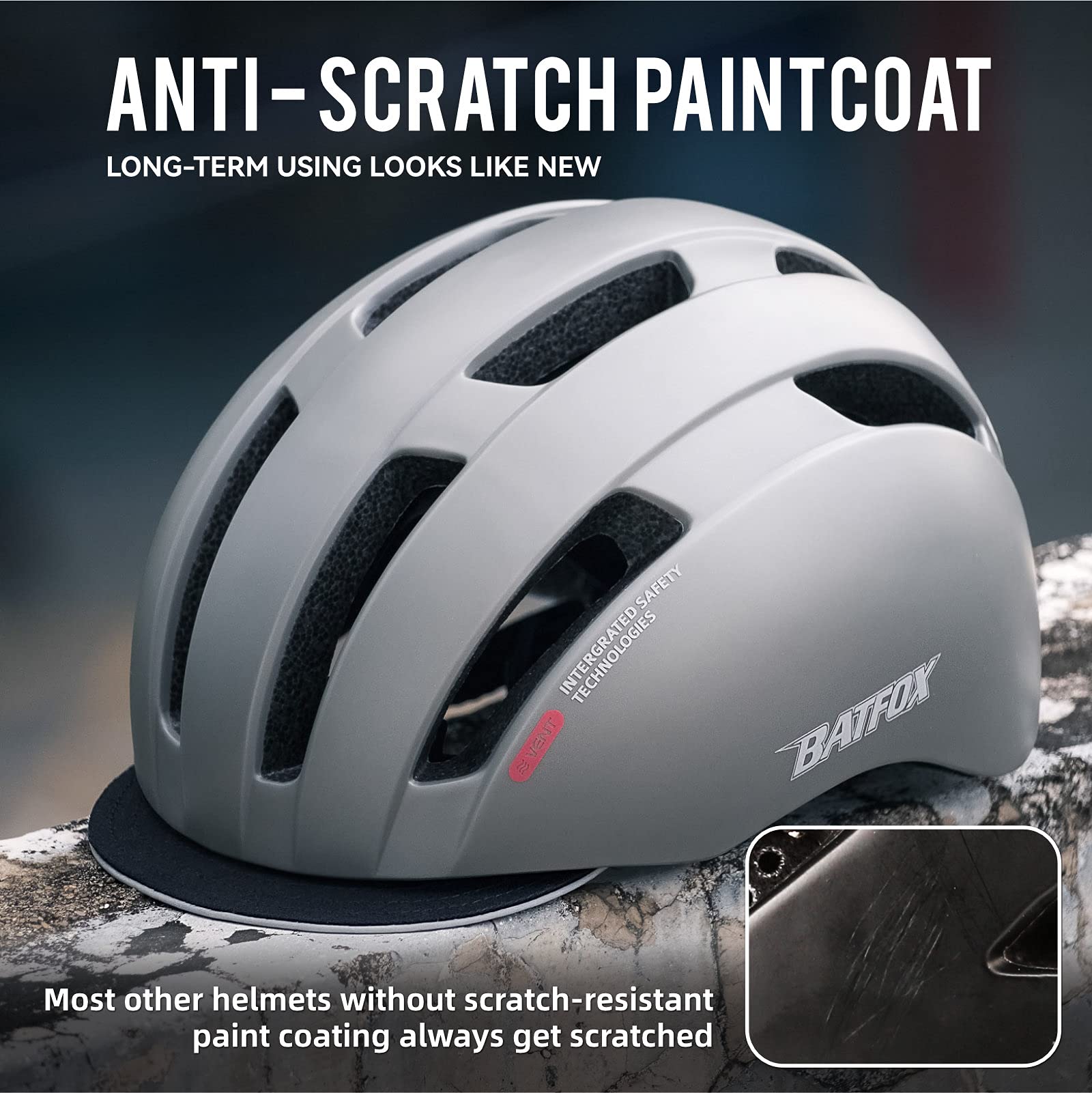 BATFOX Bike Helmet Men Women Street Road Bicycle Helmets Cycling Adults with Rear Light Reflective Coat Sun Visor Anti-Scratch (Grey)