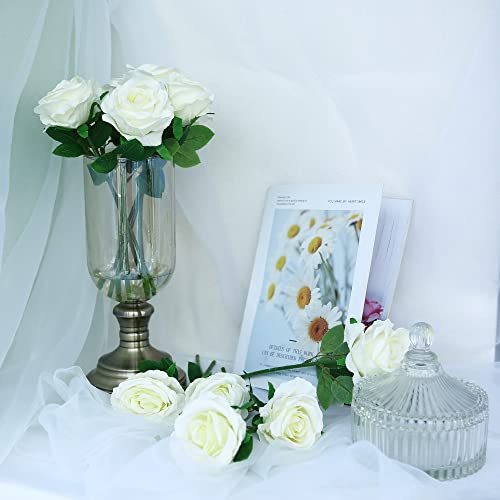 Felice Arts 12 Pack White Artificial Roses Flowers with Stems Silk Rose Bouquet for Wedding Vase Table Centerpiece DIY Gift Decor
