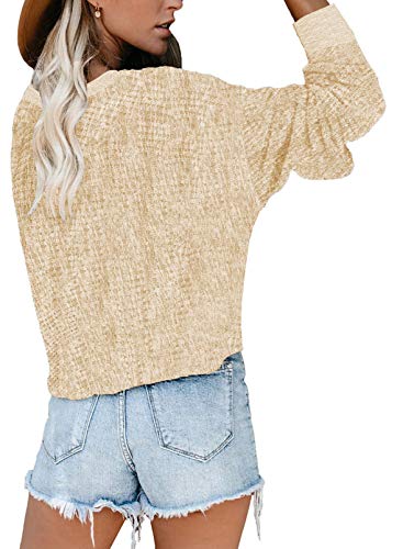 Dokotoo Womens Sweaters Winter Fall Cute Deep V Neck Wrap Chunky Cable Knit Short Fuzzy Pullover Crop Sweater Long Sleeve Jumper Tops Soft Comfy Apricot Large