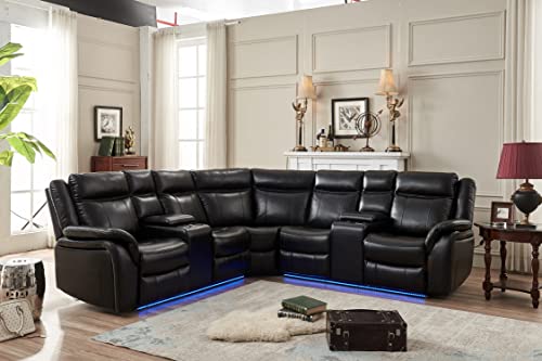 Elountik Symmetrical Power Reclining Sectional Sofa with LED Strip, Storage Console, Cup Holders with Built-in USB Charging Port; Home Theater Power Reclining Sofa Couch (Power Reclining Black)