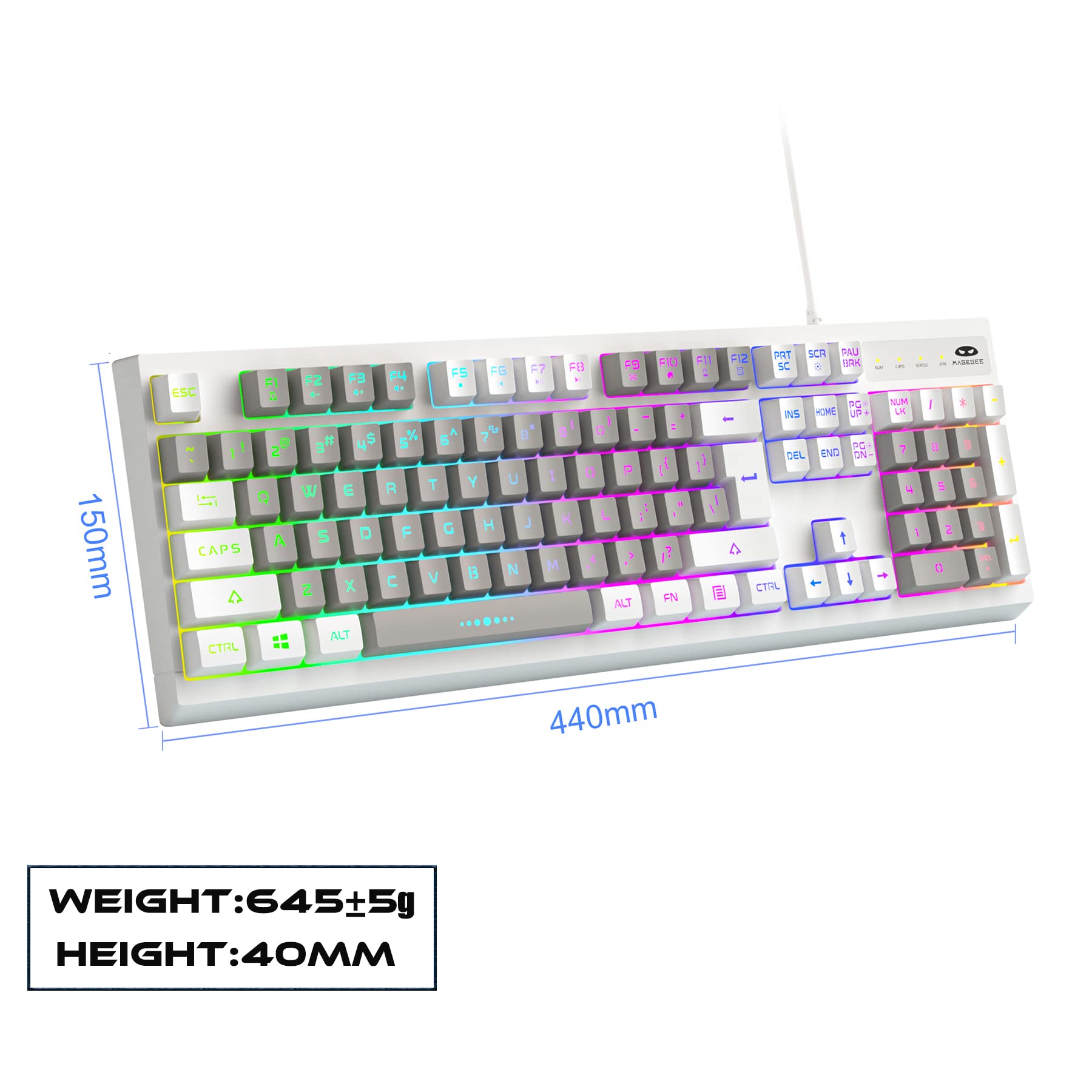 Camiysn Mute Gaming Keyboard, 7 Colorful Rainbow Backlight Classic Armor 104Keys Gaming Keyboard with Waterproof Gaming Keyboard for PC/Laptop - Grey White