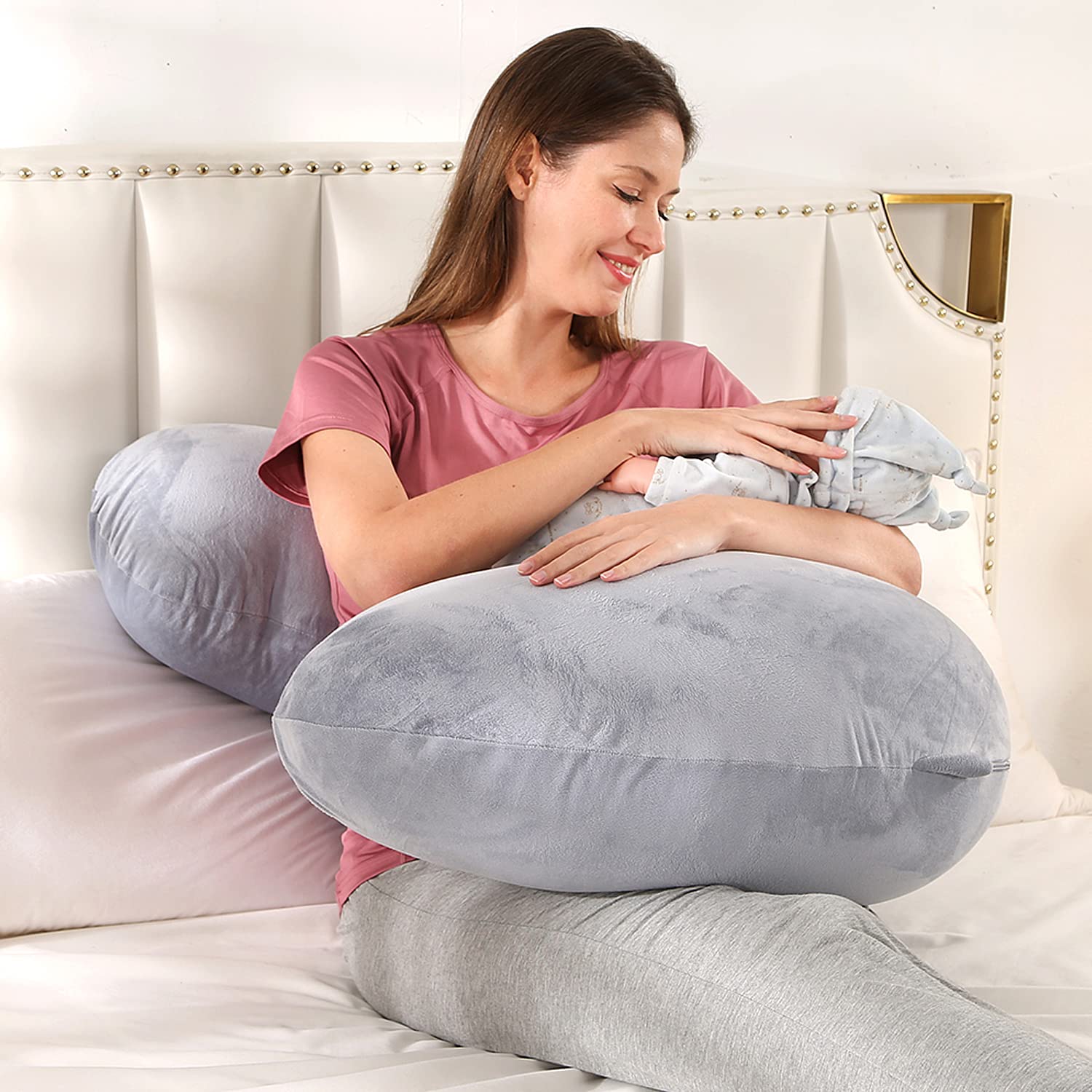 Elover Pregnancy Pillows for Side Sleeping Maternity Body Pillow for Pregnancy, Soft Pregnancy Pillow with Velvet Cover for Head Neck Belly Support (Dark Gray, Velvet)