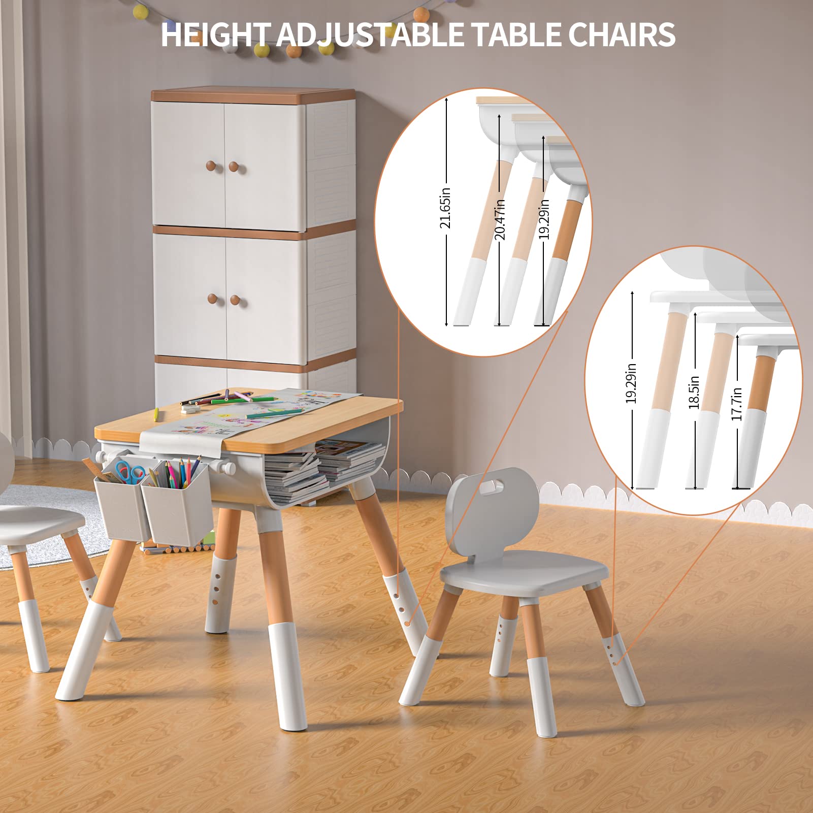 Kids Table and Chair Set, Kids Table and 2Chair Set, Kids Study Table and Chairs Set, Adjustable Height, Built-in Storage, Modern Design for Kids Arts & Crafts, Homework & Play